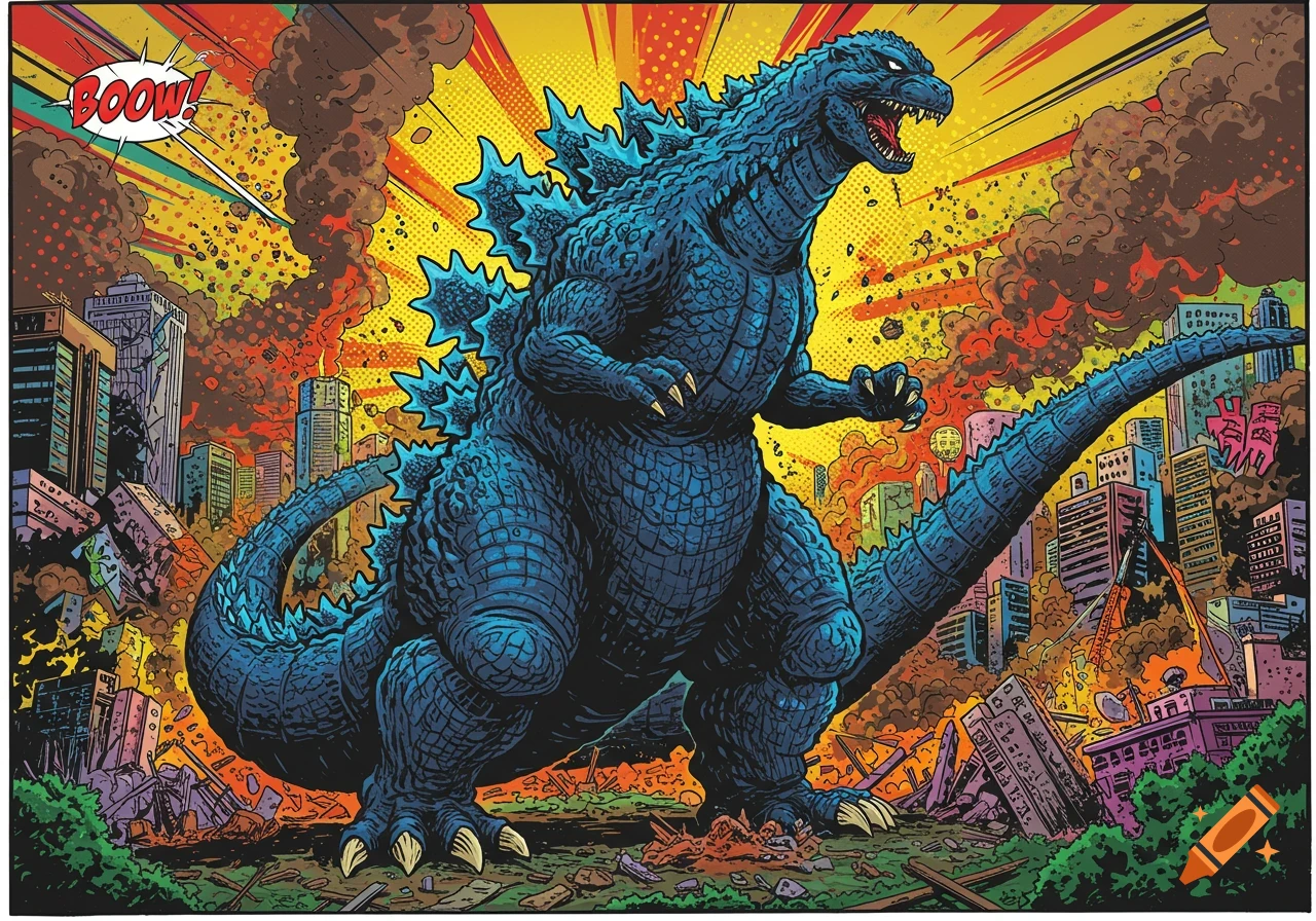 A giant blue Godzilla monster rampages through a city, destroying ...