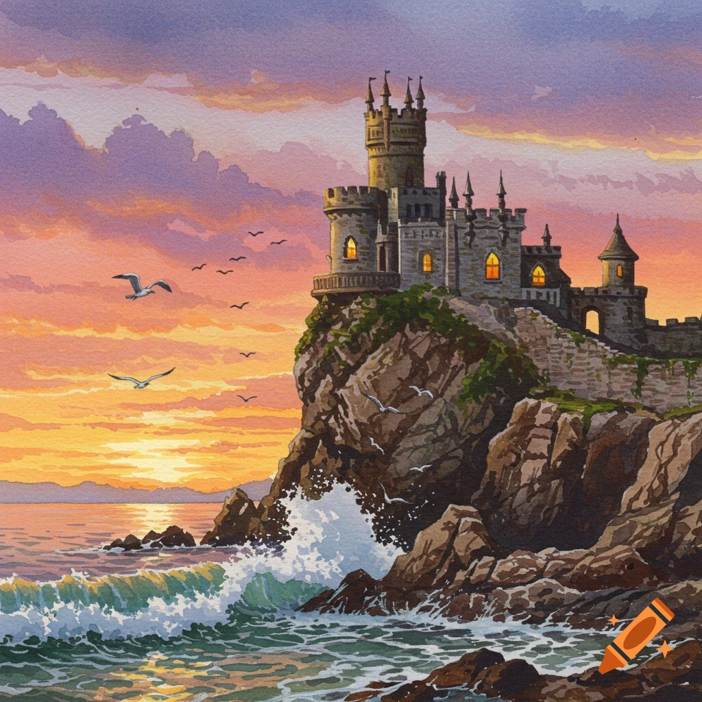 Watercolor painting of a castle perched on a cliff overlooking a wavy sea at sunset, with birds ...