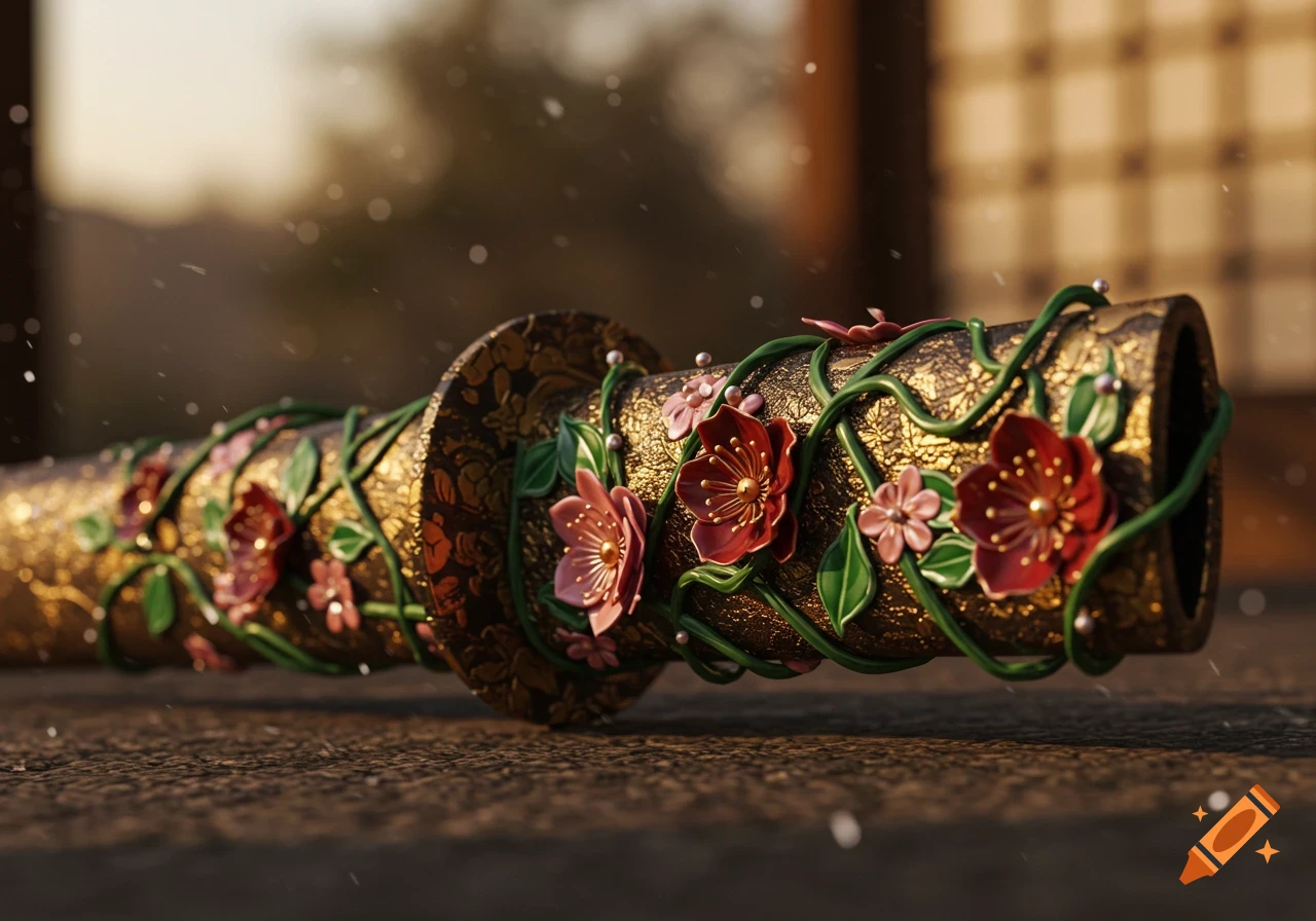 Close-up of an ornate golden katana sheath with red and pink 3D flowers ...