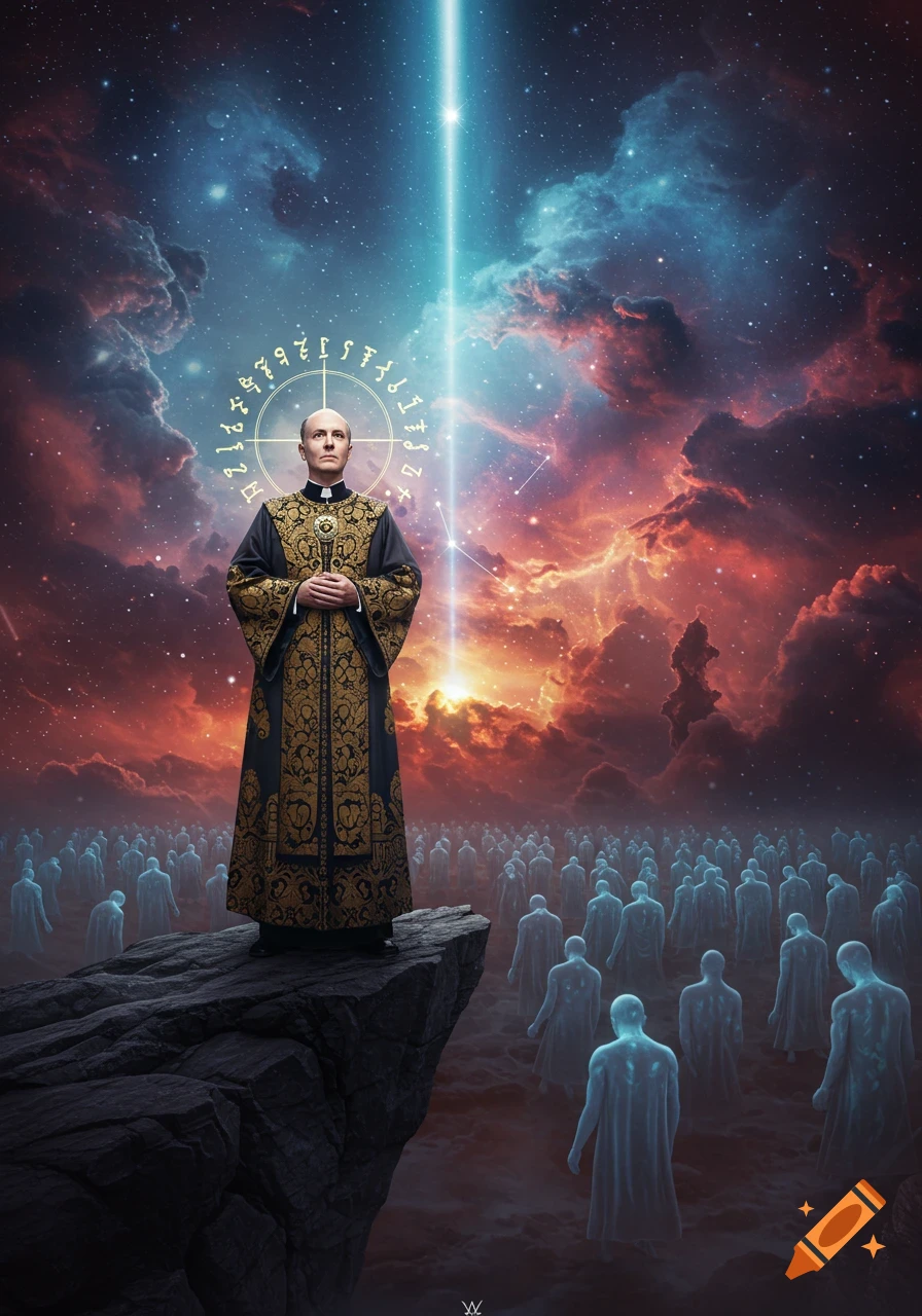 A bald man in an ornate black and gold robe stands on a cliff under a ...