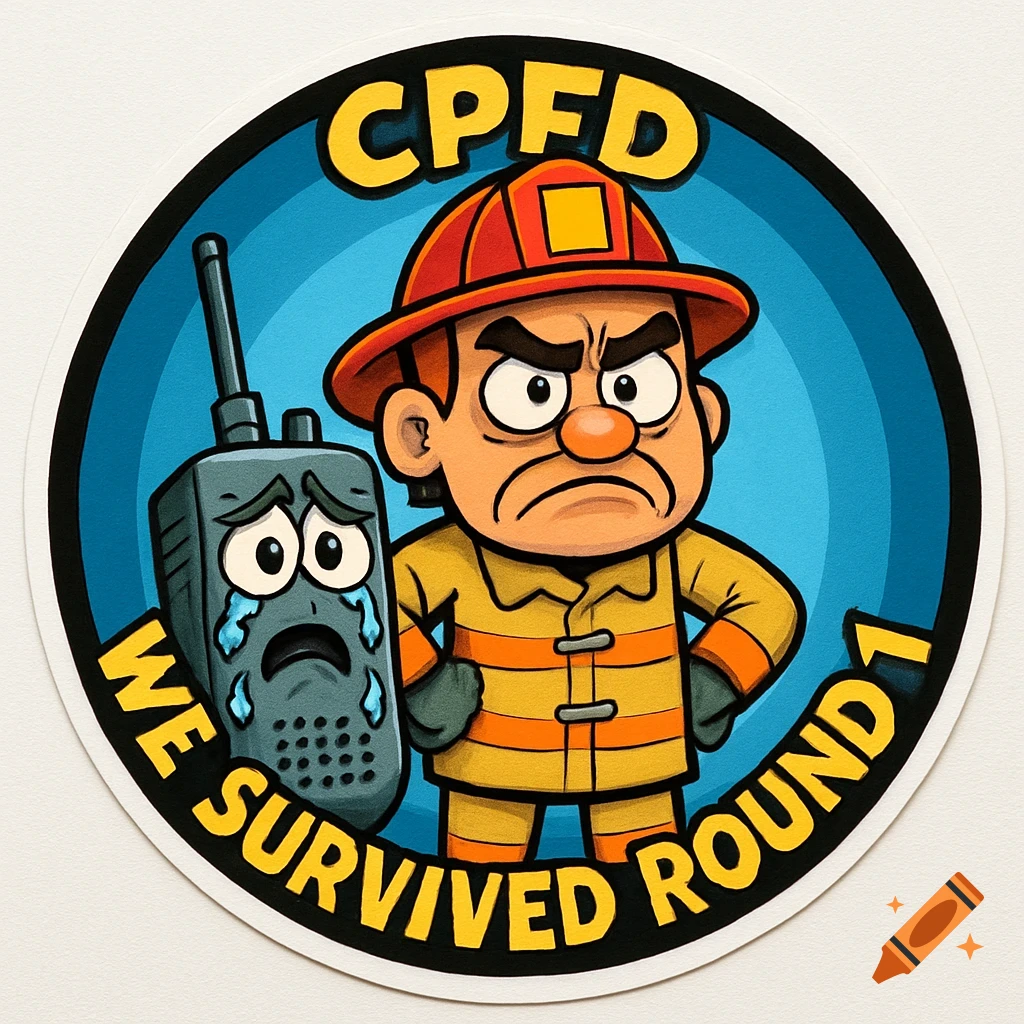 A cartoon sticker featuring an angry firefighter next to a crying two ...