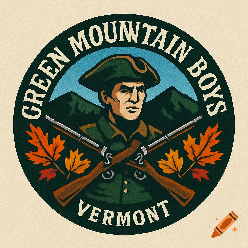 Circular logo featuring a historical figure, crossed rifles, mountains ...