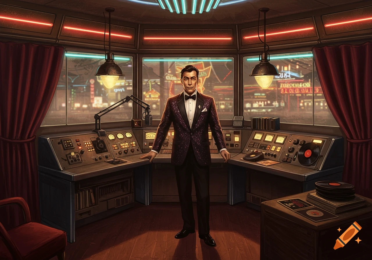 A dapper man in a shimmering purple suit and bow tie stands in a ...