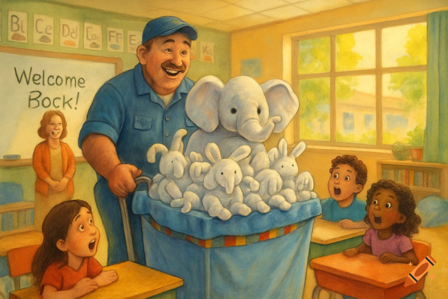 A cheerful classroom scene shows a custodian wheeling a cart of stuffed ...