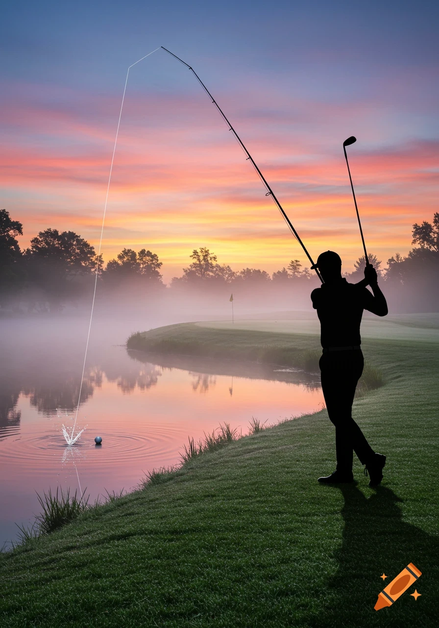 Silhouette of a golfer casting a fishing rod into a misty pond on a ...