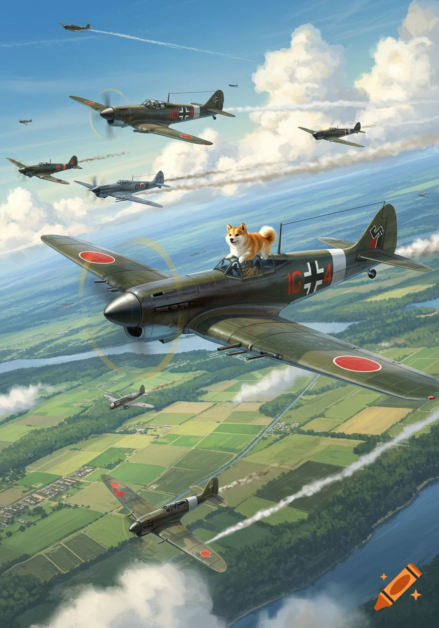 A Shiba Inu dog pilots a military airplane with a German cross in a ...