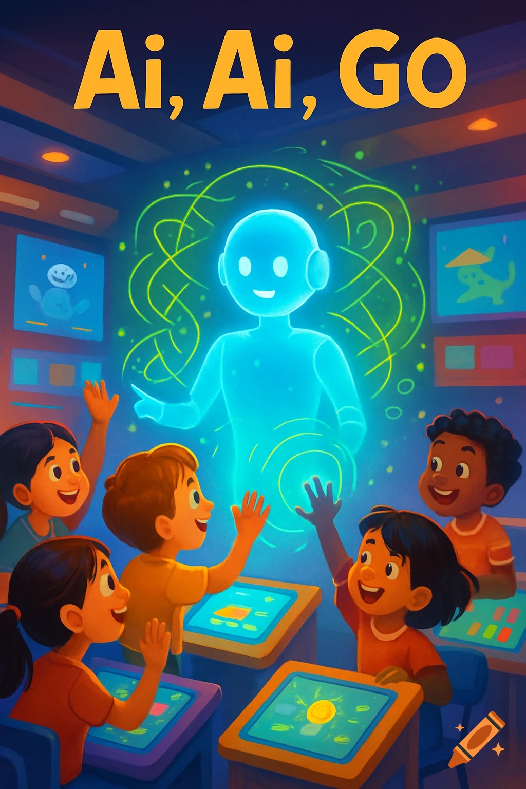 Cartoon children raise their hands towards a glowing blue humanoid AI in a futuristic classroom ...