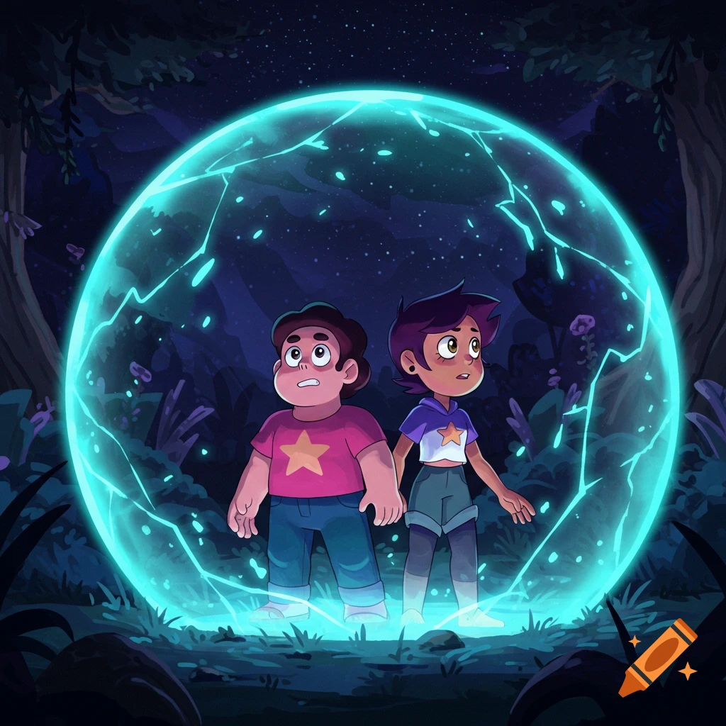 Steven Universe and a pink-haired girl embrace happily in a warm, sunny ...