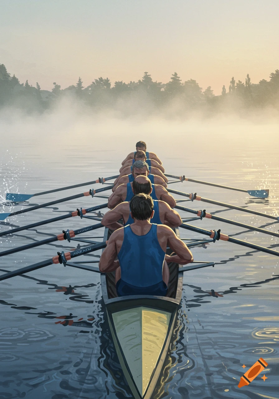 A rowing team in a long boat rows across a foggy lake at sunrise ...