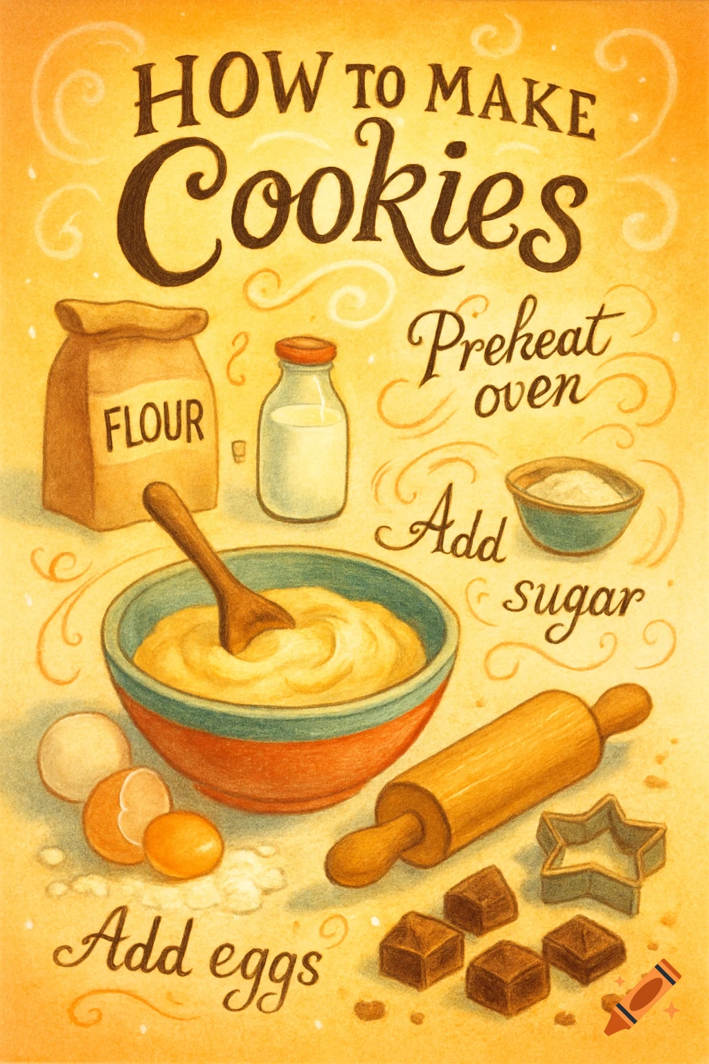 Illustrated poster showing baking ingredients and steps for making ...