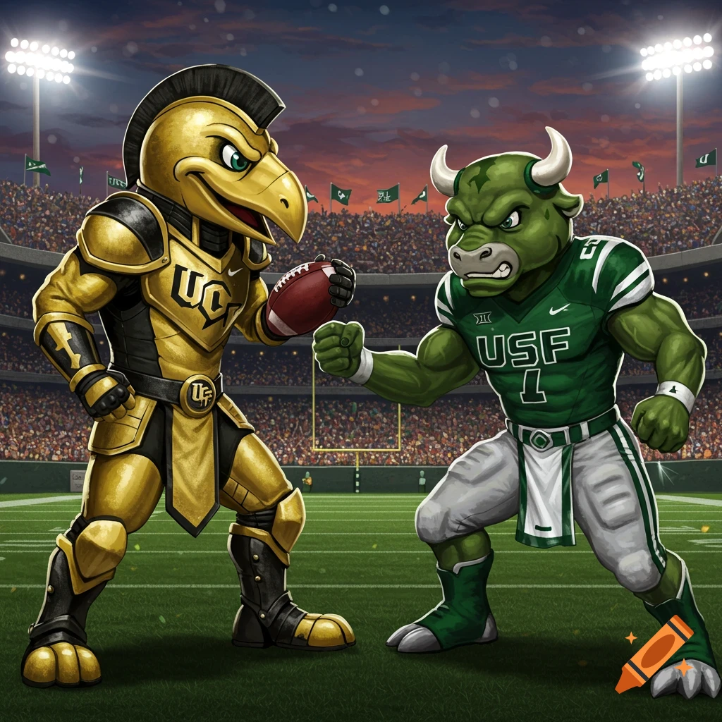 Illustrated cartoon mascots, a golden bird 'UCF' and green bull 'USF ...