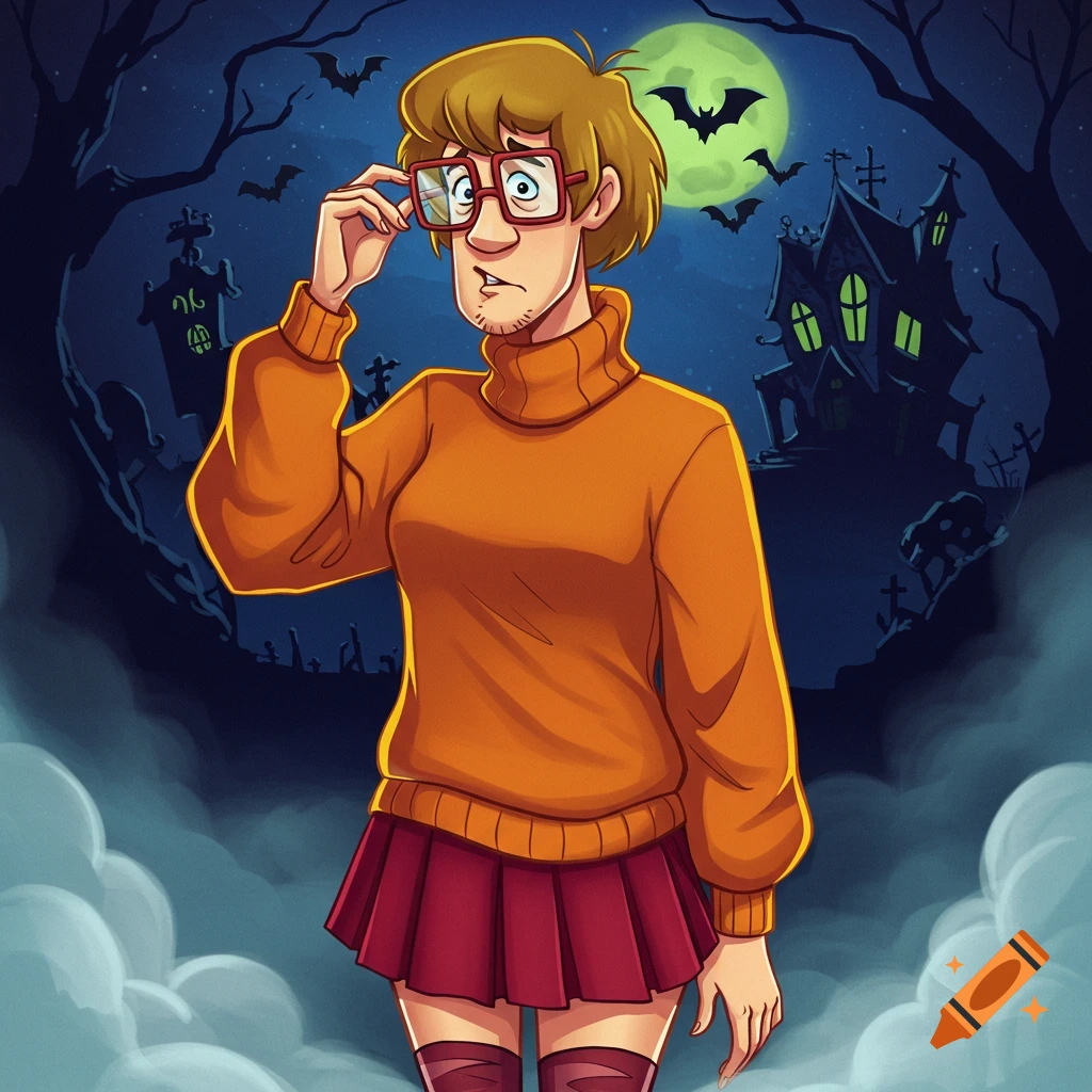Cartoon of Velma from Scooby-Doo inflated like a giant balloon in a sunflower field. Daphne ...