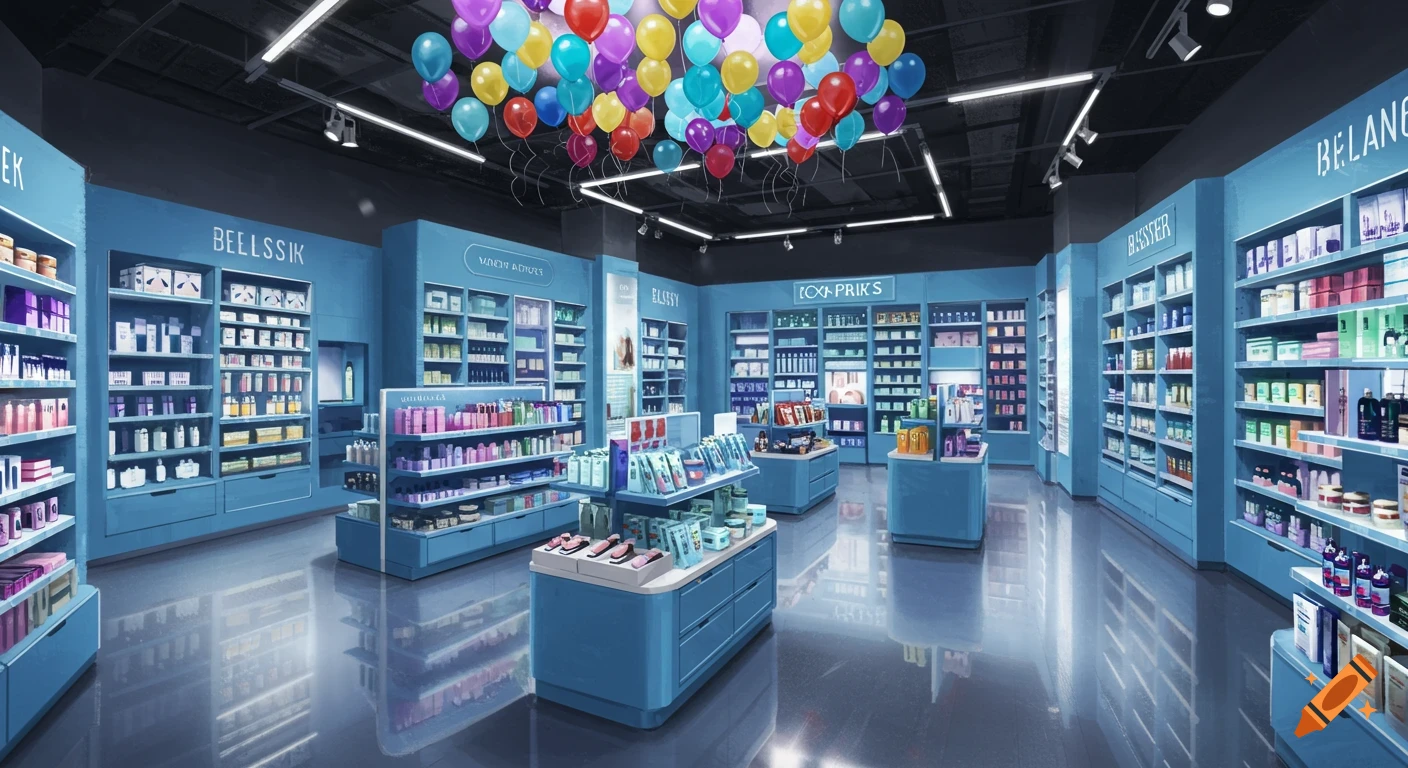 A wide-angle shot of a brightly lit cosmetics and personal care store ...
