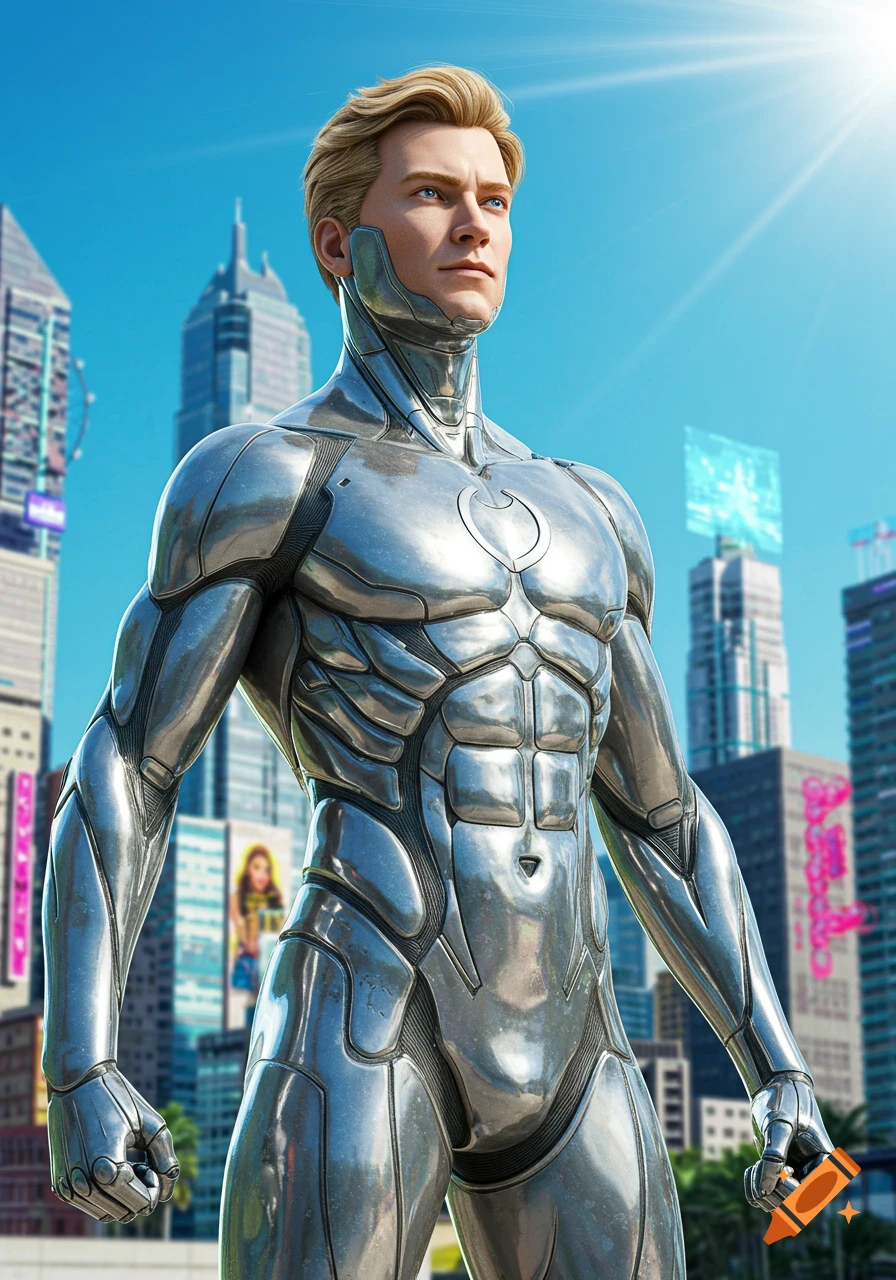 A powerful superhero in a red and white suit floats above a destroyed ...