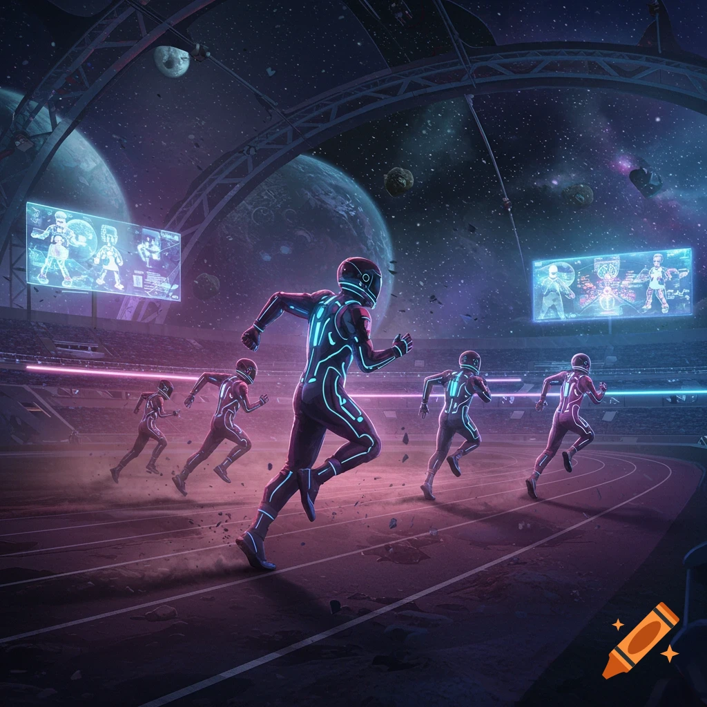 A group of runners in neon-lit futuristic spacesuits sprint on a track ...
