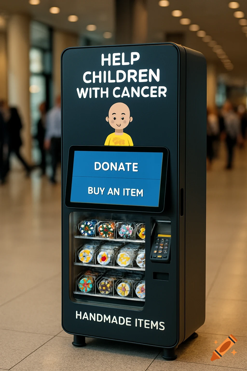 A black charity vending machine with a screen displaying "DONATE" and ...
