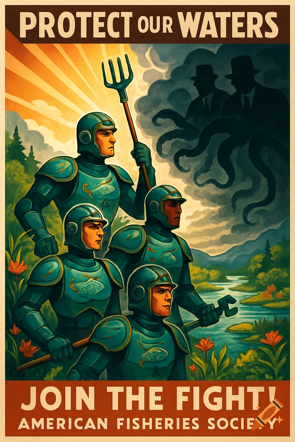 A vintage-style propaganda poster shows four armored warriors with a ...
