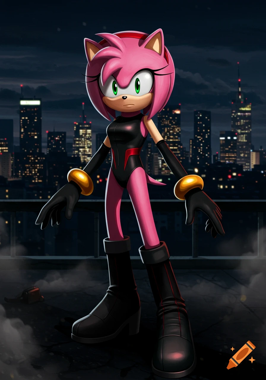 Amy Rose in a black and pink secret agent suit stands on a rooftop ...