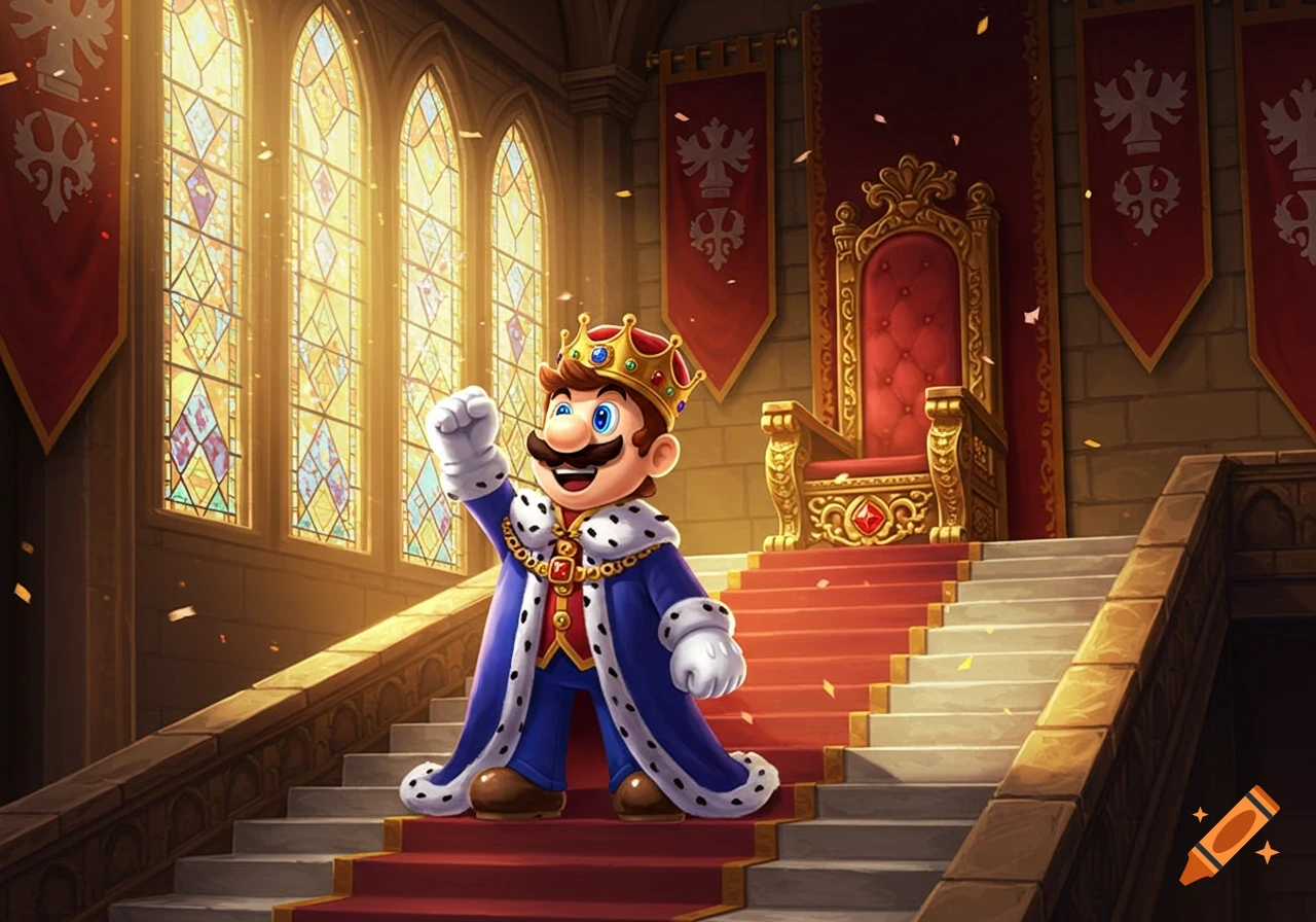 Mario, dressed as a king in a red robe and gold crown, stands on a ...