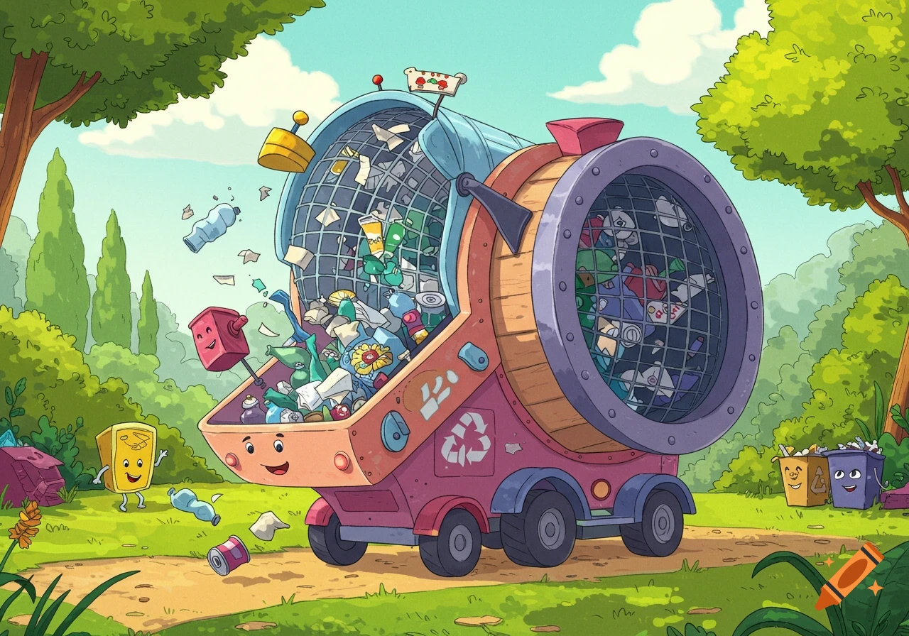 A happy cartoon black trash can with a face and arms, eating trash in a ...
