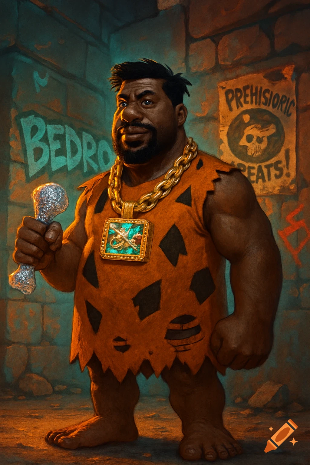 A stylized, muscular, dark-skinned man resembling Fred Flintstone ...