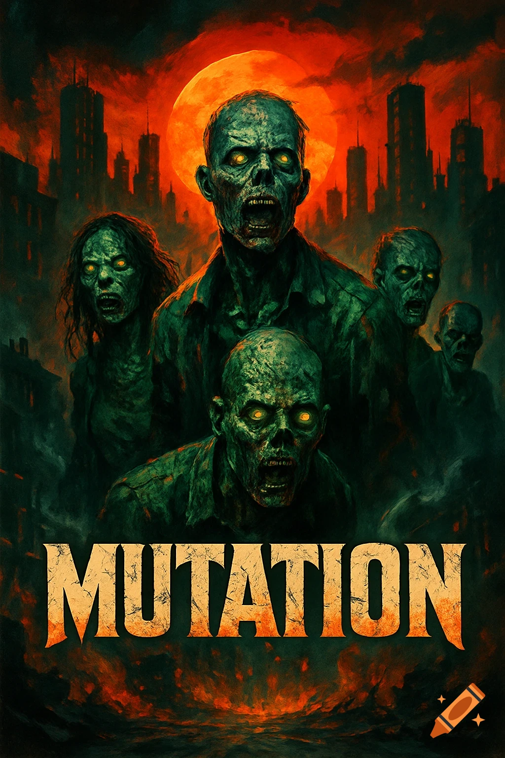Stylized horror movie poster for 'MUTATION' depicting a group of ...