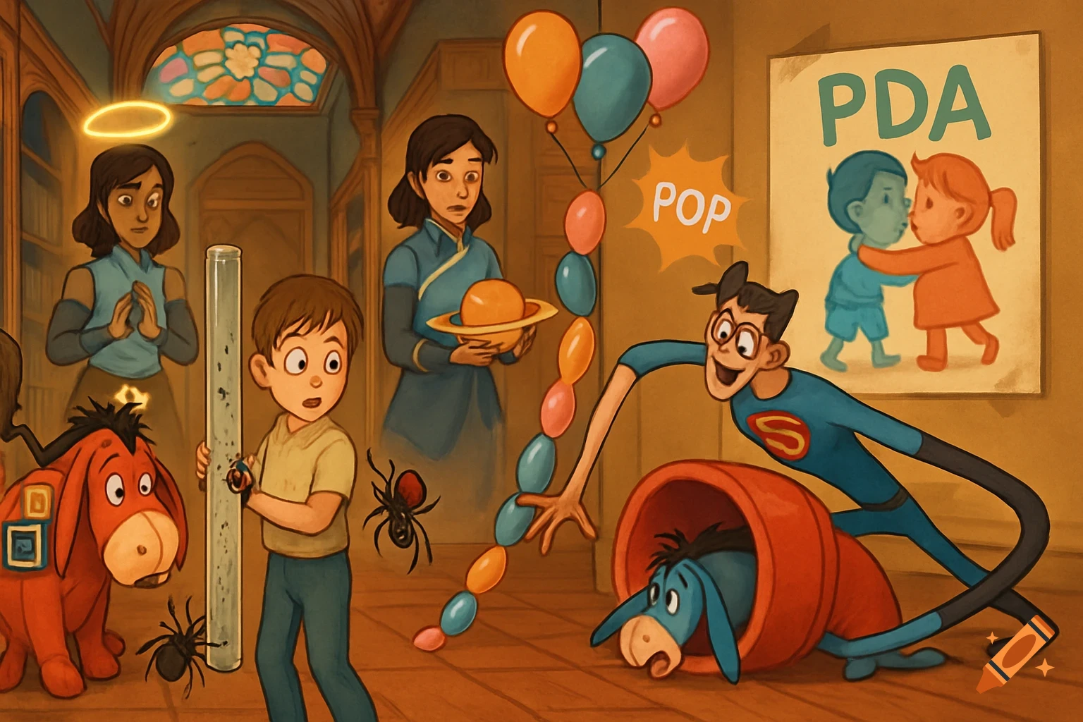 A busy cartoon scene in a library hallway with characters like a boy ...