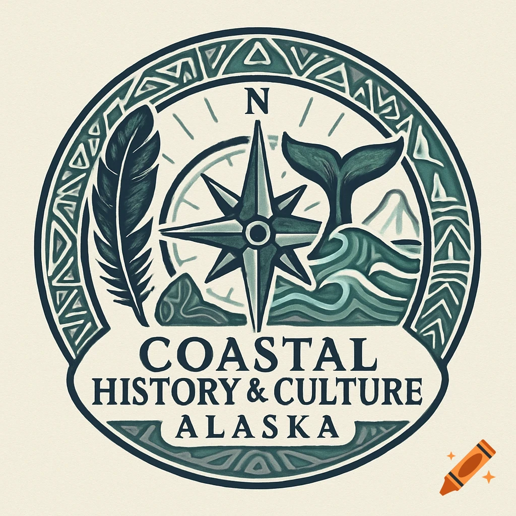 A circular logo in shades of blue and green, featuring a compass, a ...
