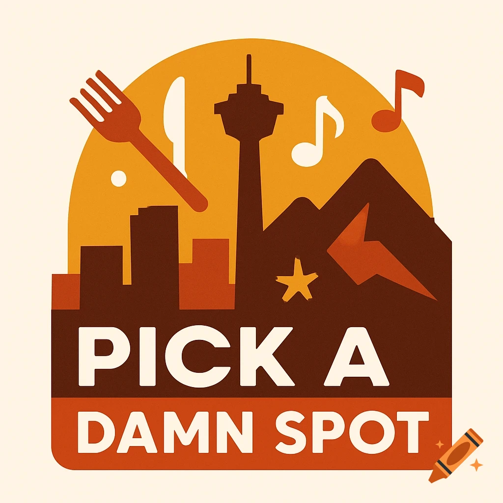 A retro-style logo for 'Pick a Damn Spot' featuring the Calgary skyline ...