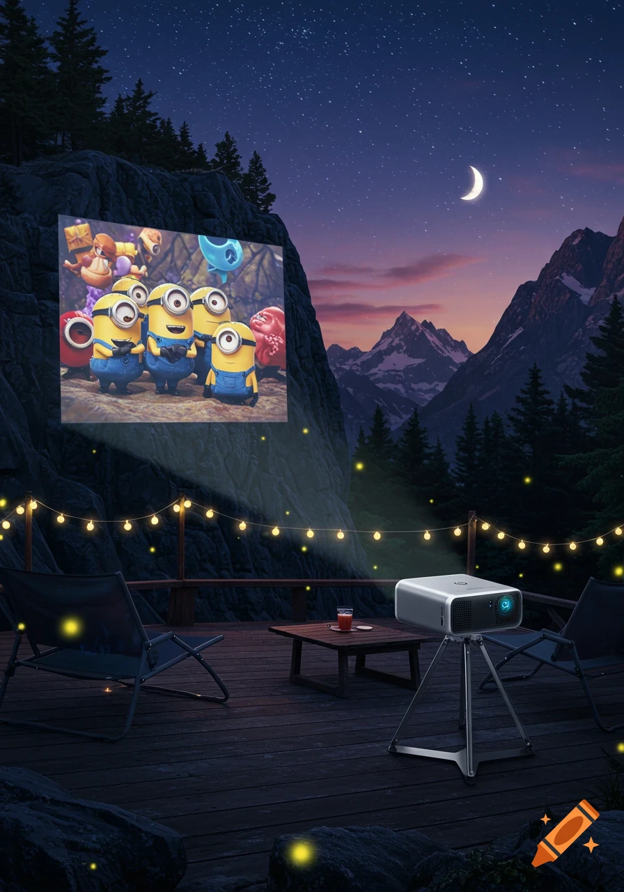 A projector showing Minions on a rock face in an outdoor night setting ...