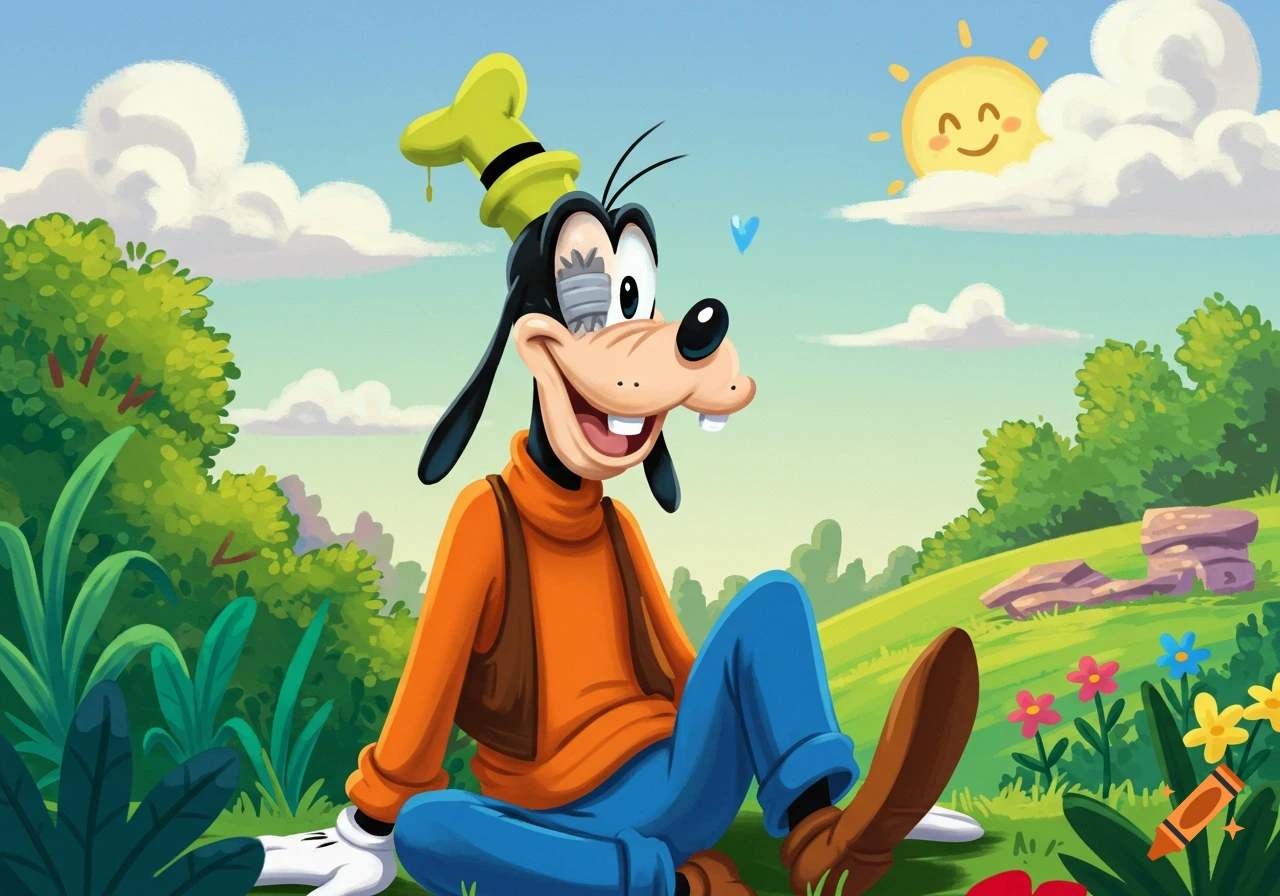 A smiling cartoon Goofy character sits in a vibrant green field under a ...