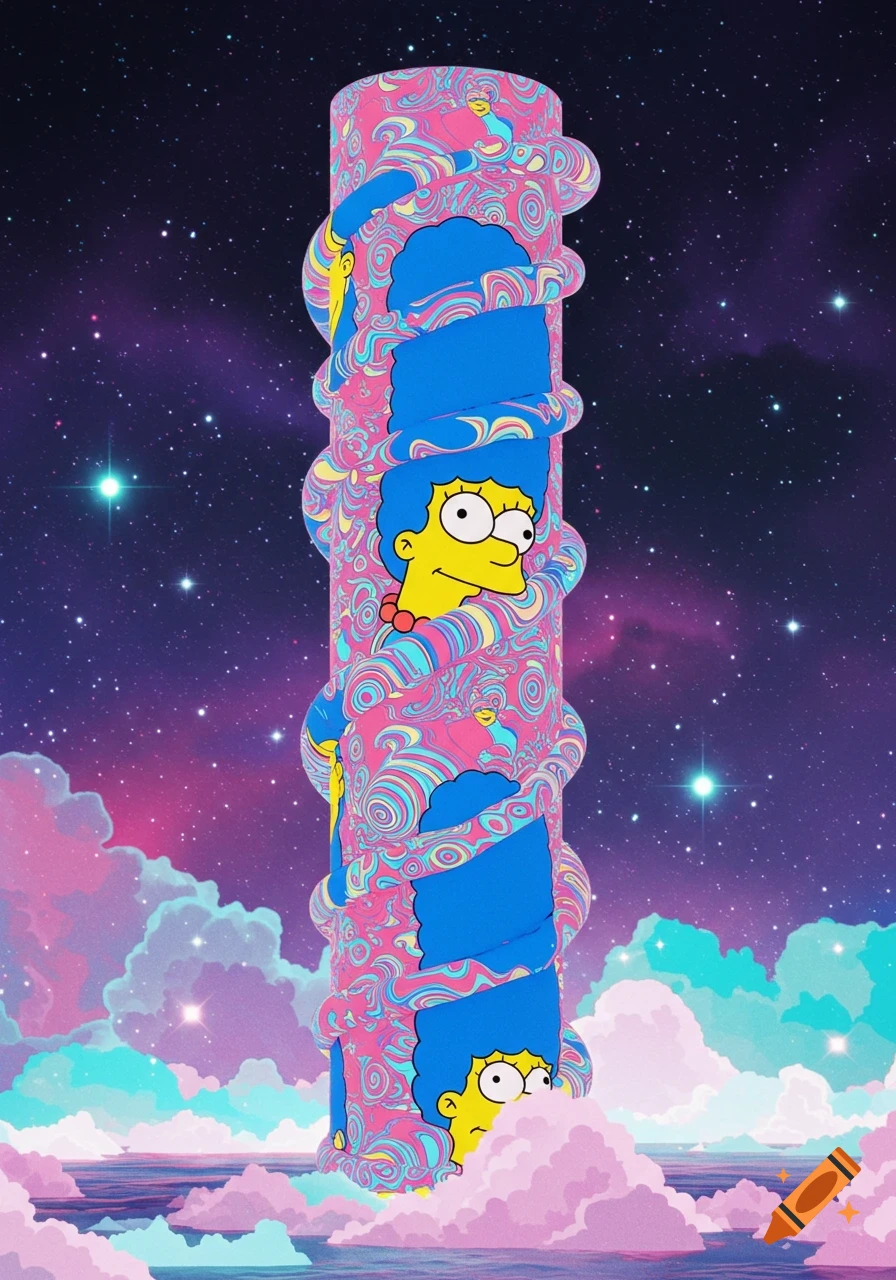 A psychedelic pillar covered in swirling patterns and Marge Simpson ...