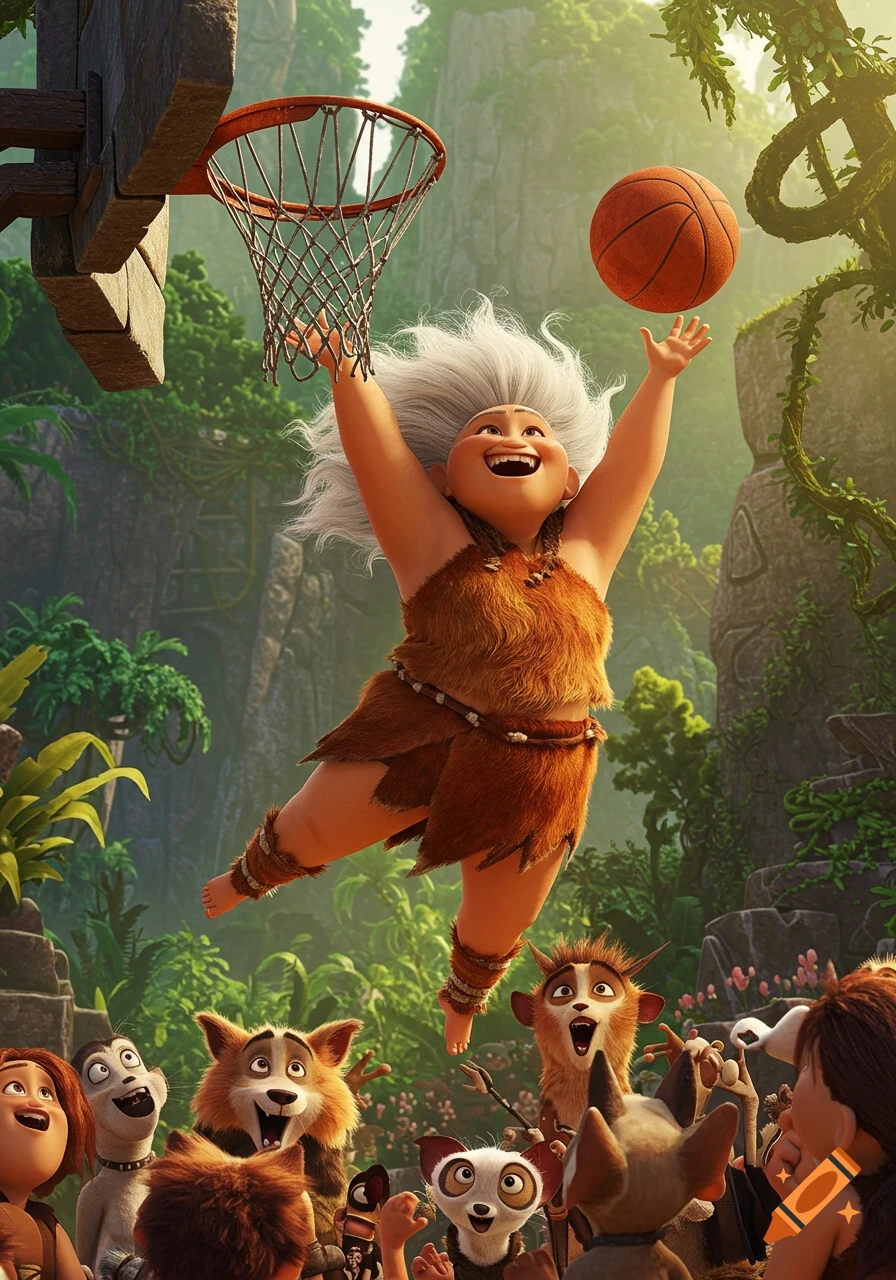 Grandma from the Croods cartoon character jumps to dunk a basketball in ...