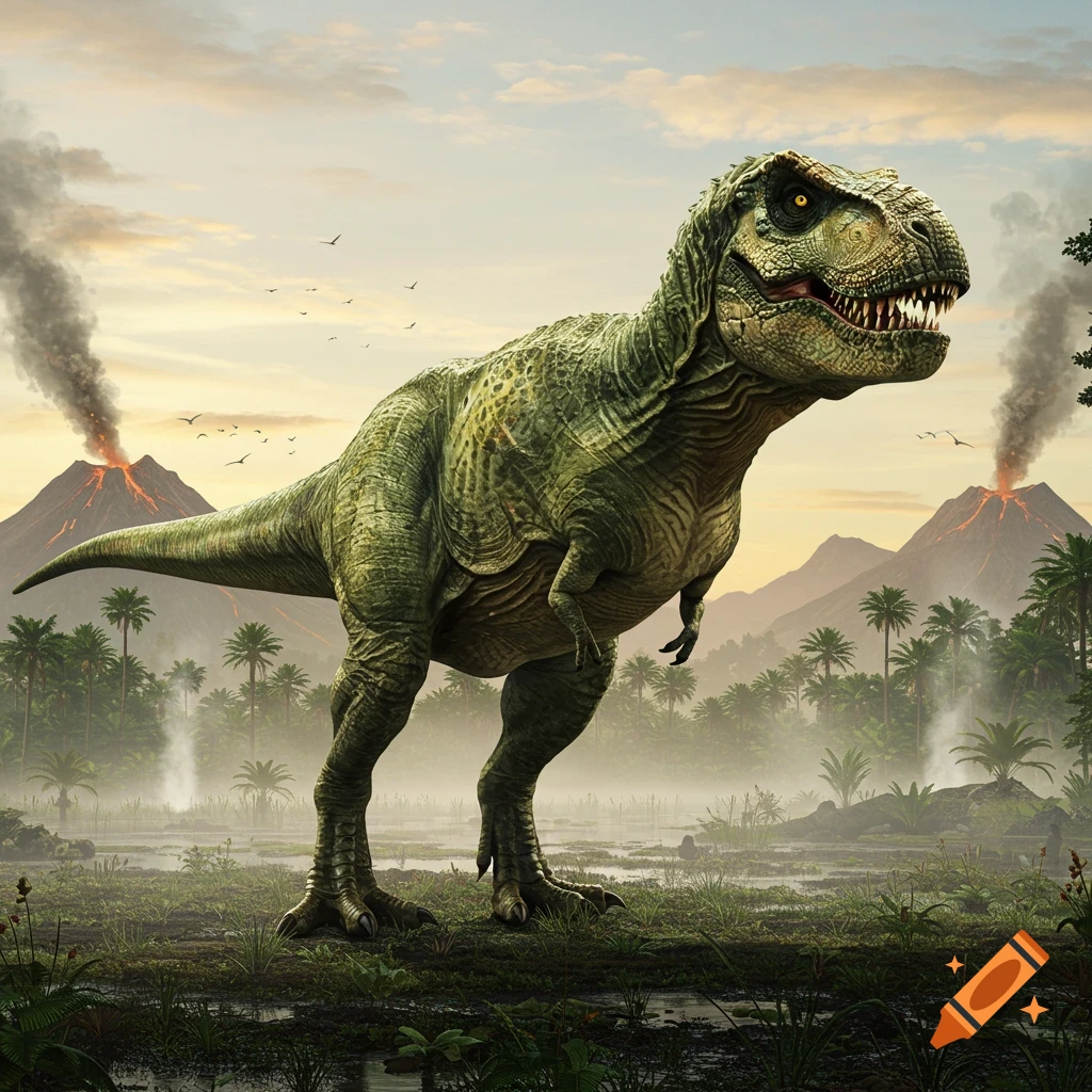 A large green Tyrannosaurus Rex stands in a misty prehistoric jungle ...