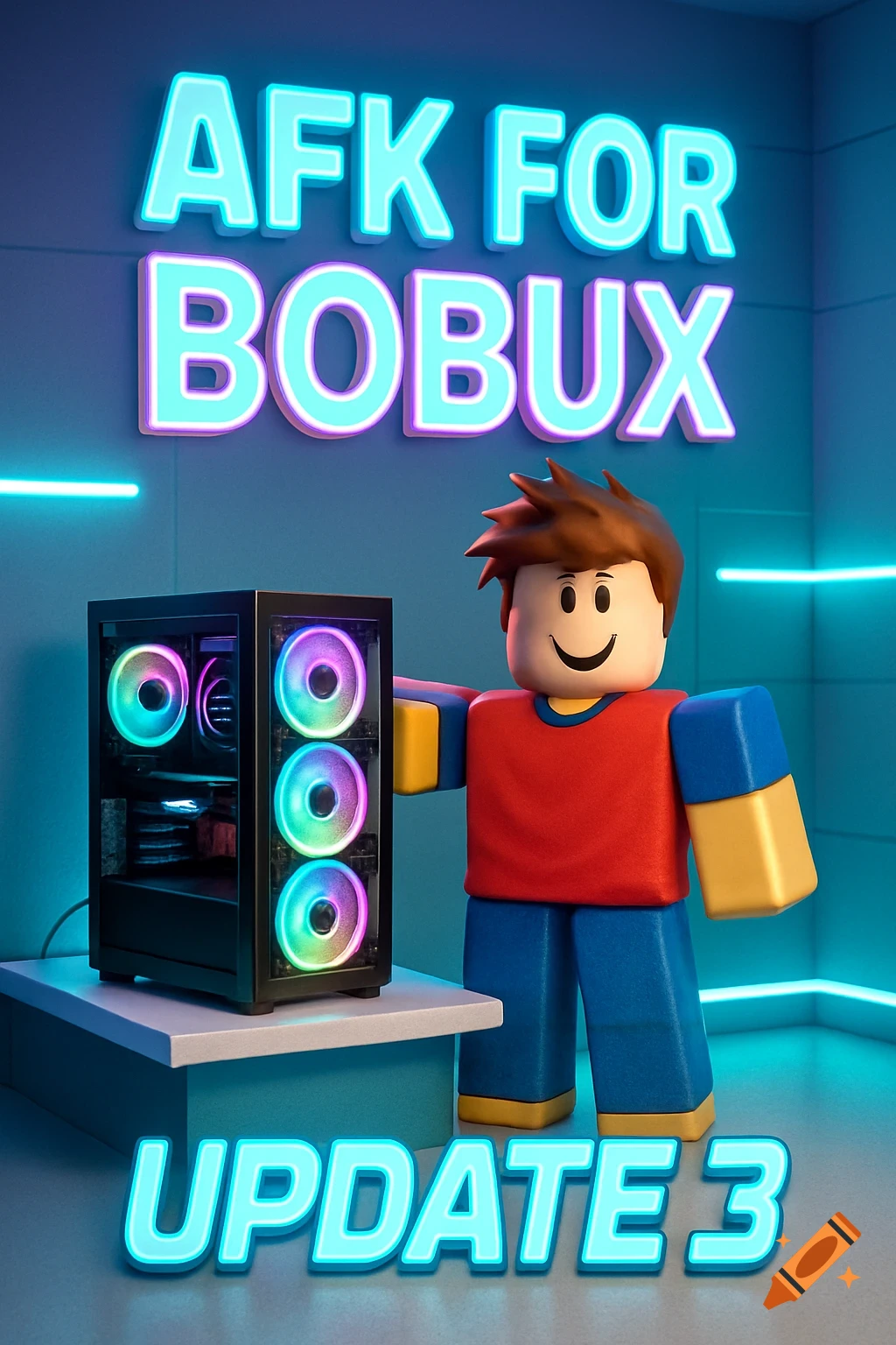 A Roblox character stands next to a gaming PC with RGB fans, under neon ...