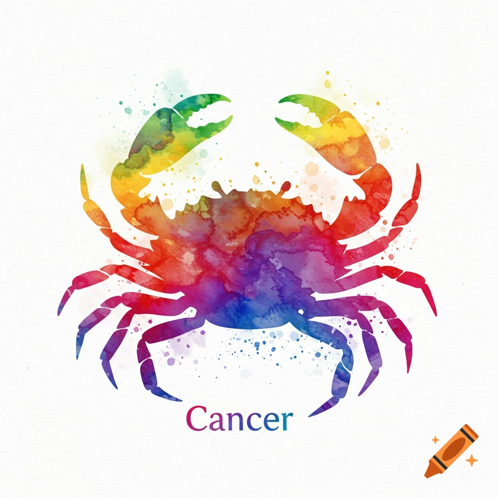 A watercolor illustration of a rainbow-colored crab with paint ...