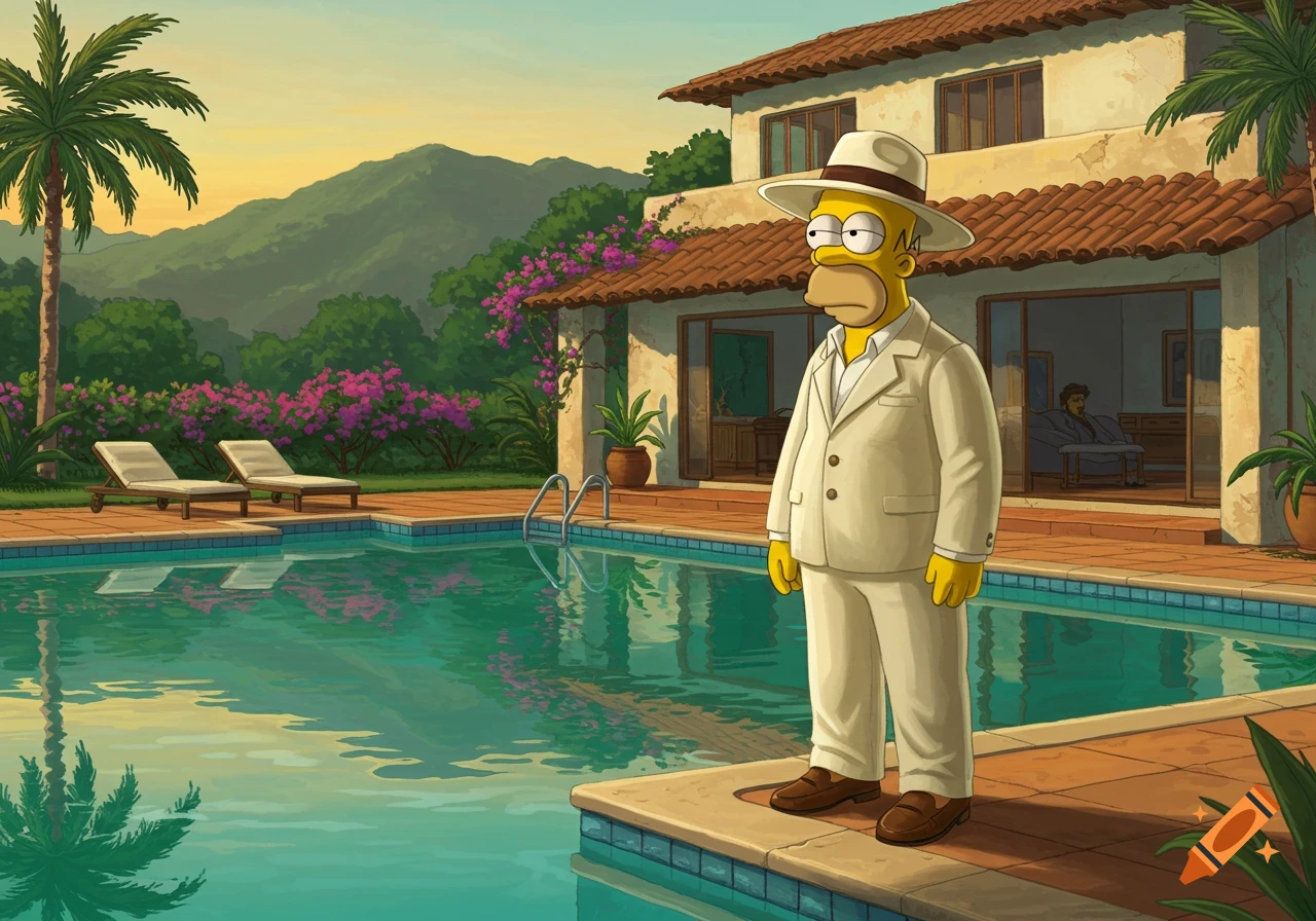 Cartoon Homer Simpson in a white suit and hat stands by a turquoise pool in front of a large ...