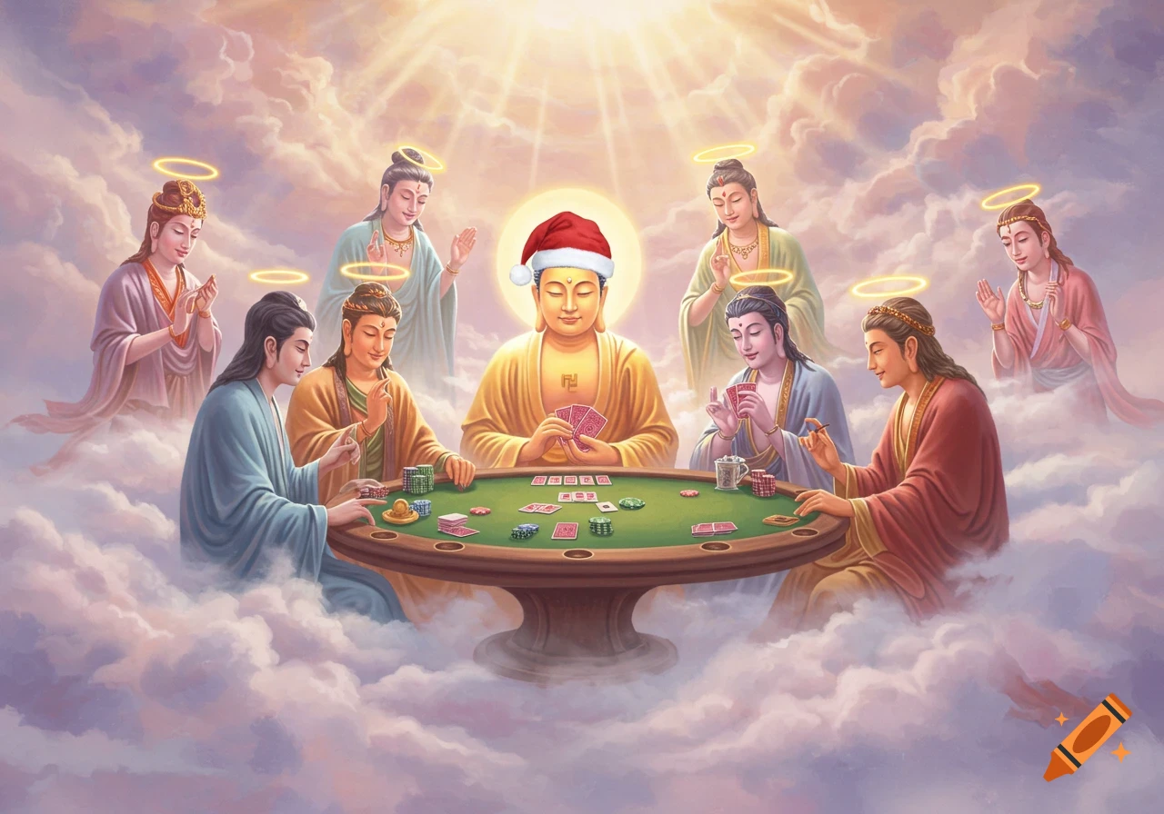 A festive image of Buddha wearing a Santa hat playing poker with seven ...