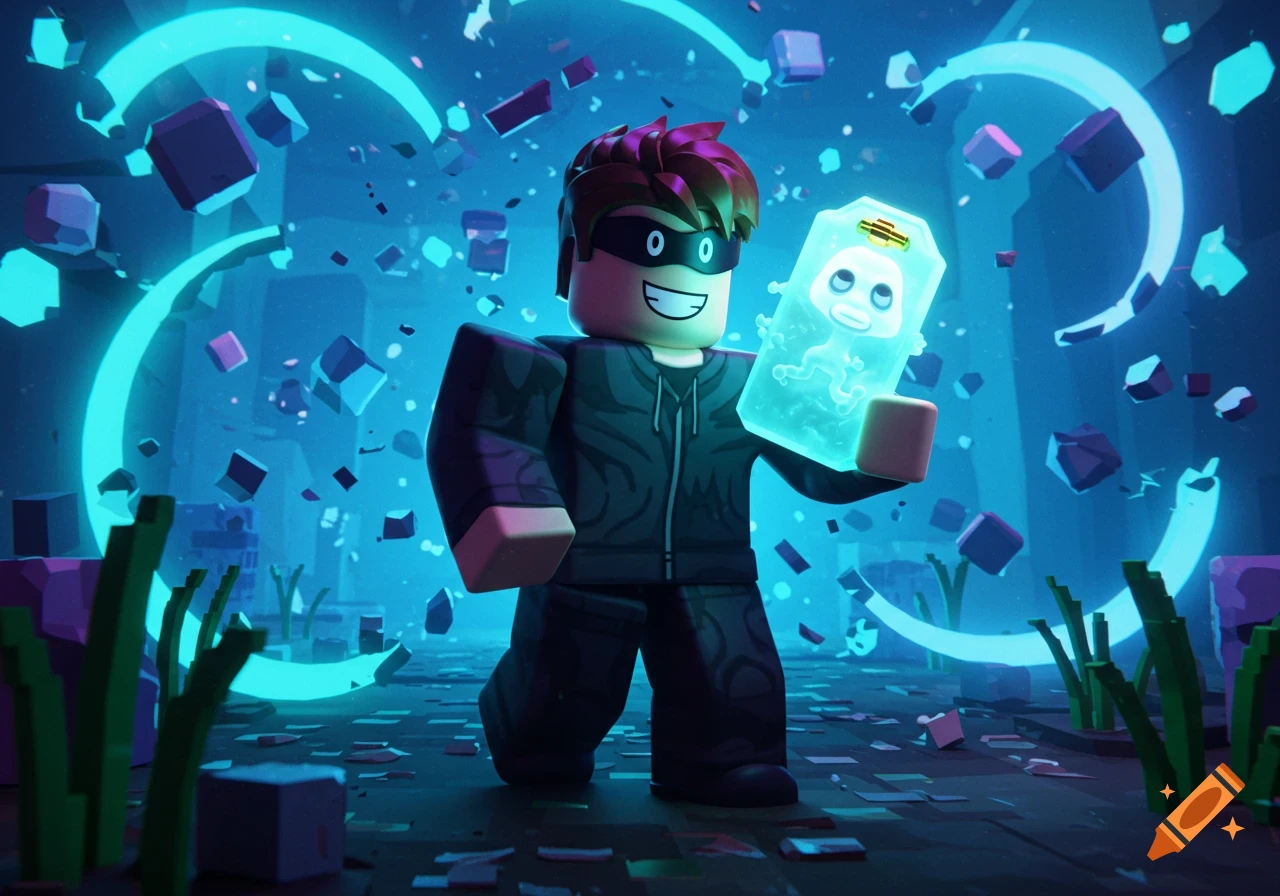 Roblox-style character floating happily in a vibrant, neon blue and ...