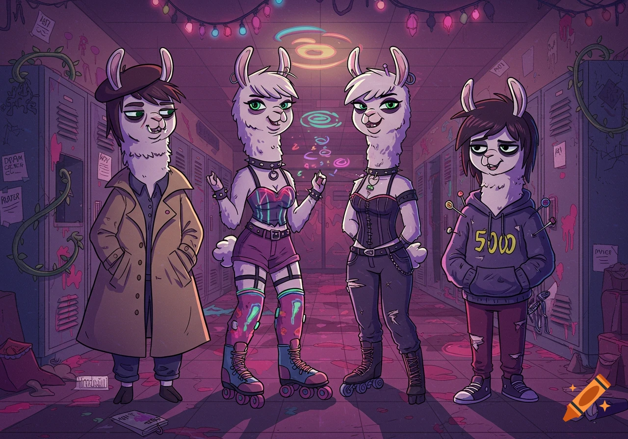 A stylized cartoon image of four anthropomorphic llamas in a distorted ...