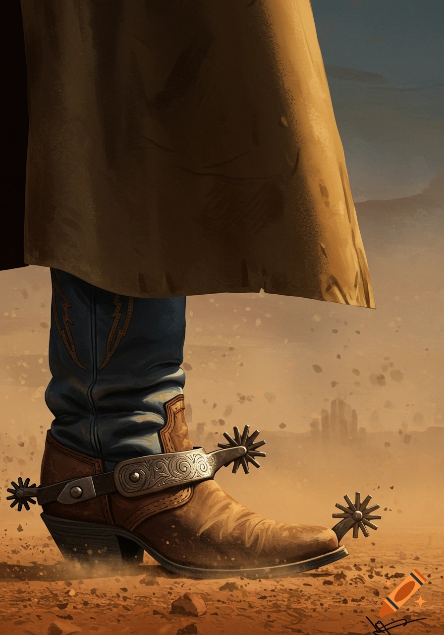 A close-up of a cowboy's brown leather boot with a silver spur ...