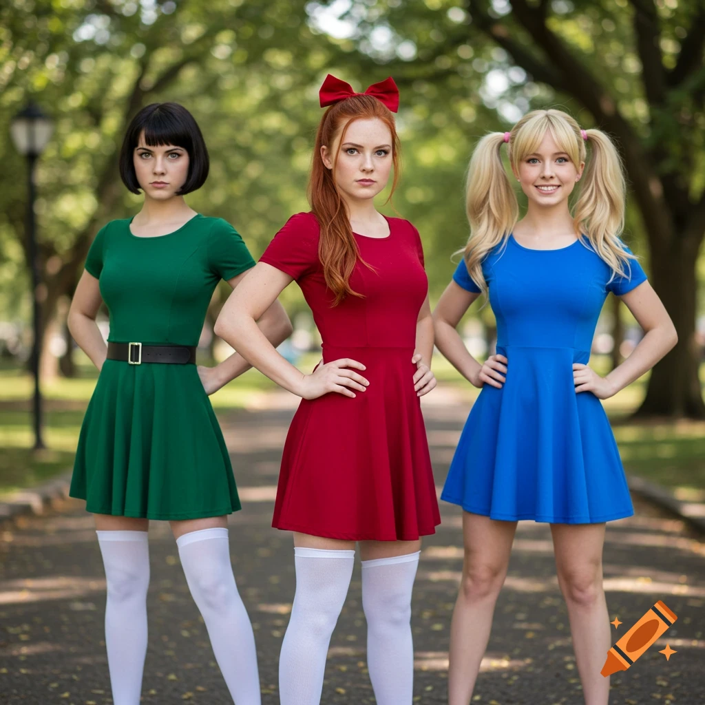 Three women in Powerpuff Girls cosplay stand in a row in a park. One in ...