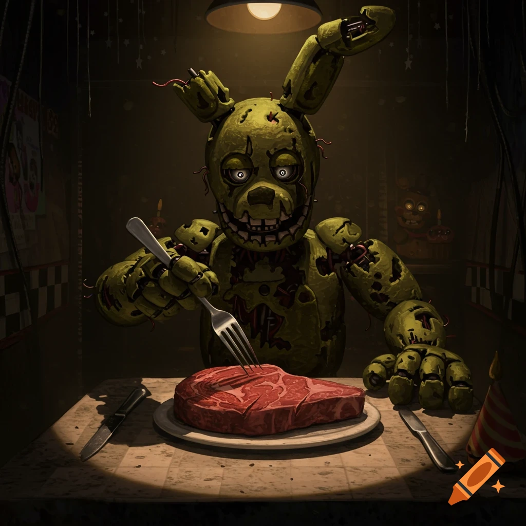 A creepy, dilapidated green animatronic rabbit, Springtrap, sits at a ...