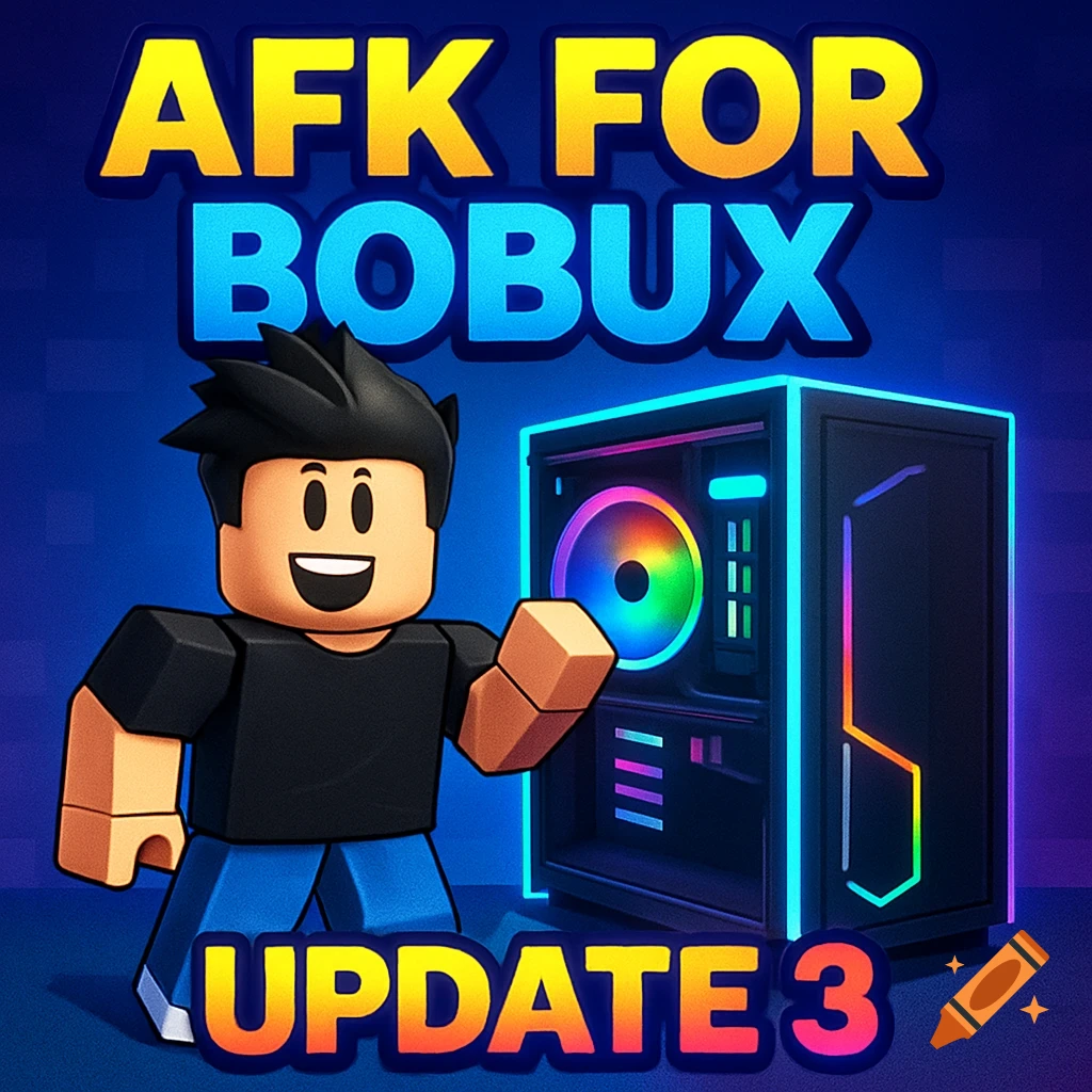 Vibrant cartoon image of a Roblox character next to a glowing gaming PC ...