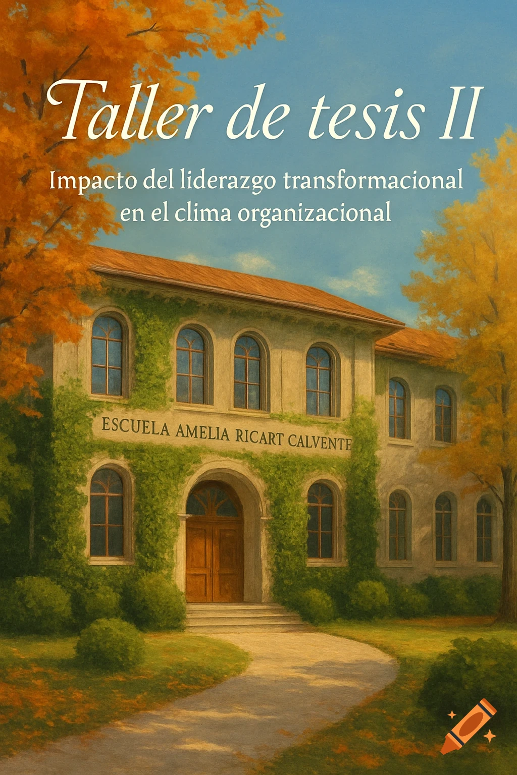 A painting of a school building with ivy and autumn trees, with text ...