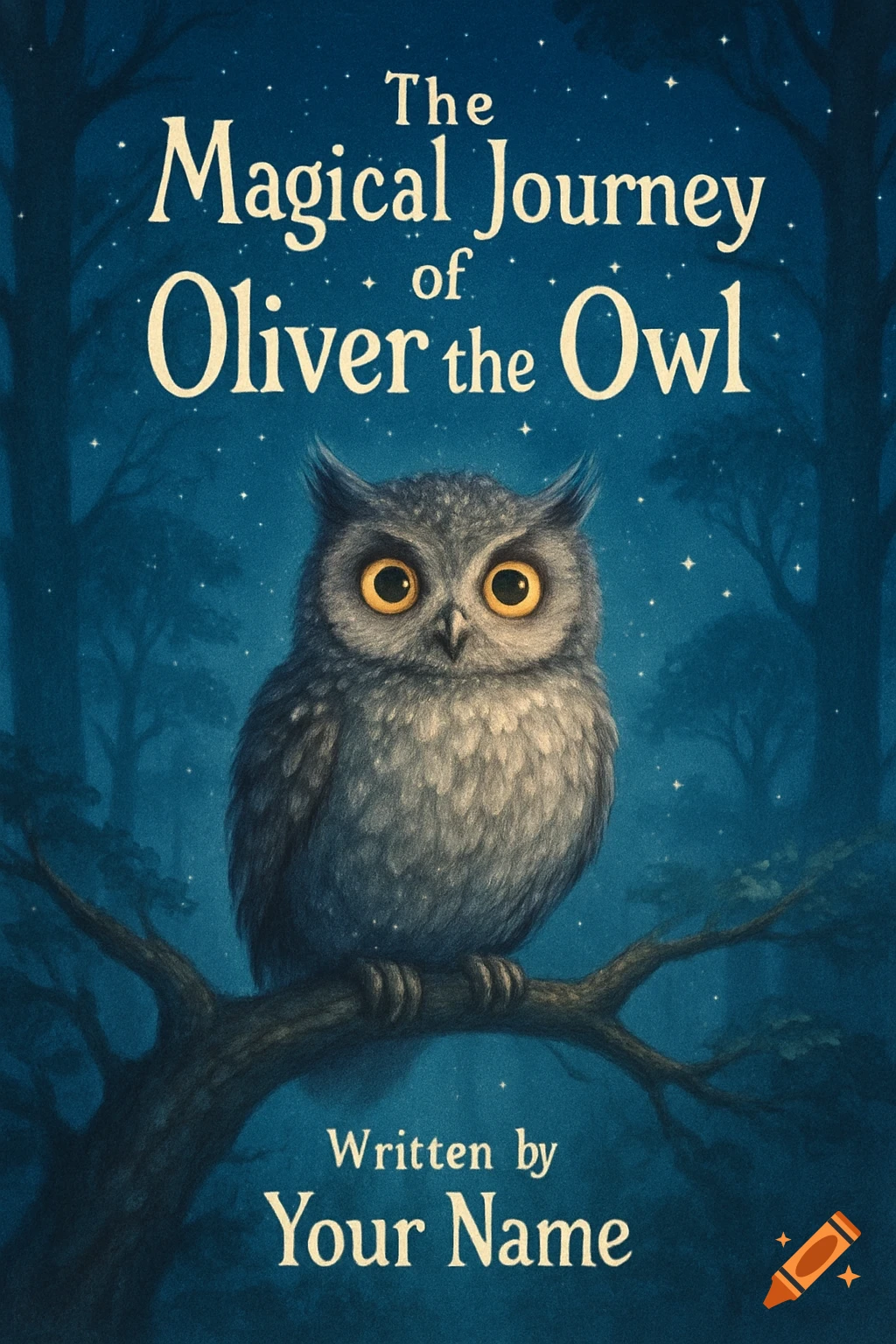 A charming book cover features a grey owl with yellow eyes perched on a ...
