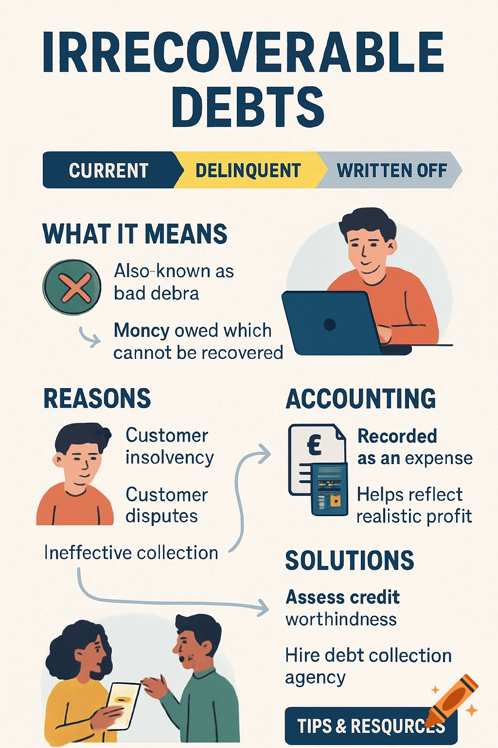 An infographic titled 'Irrecoverable Debts' with sections defining the ...