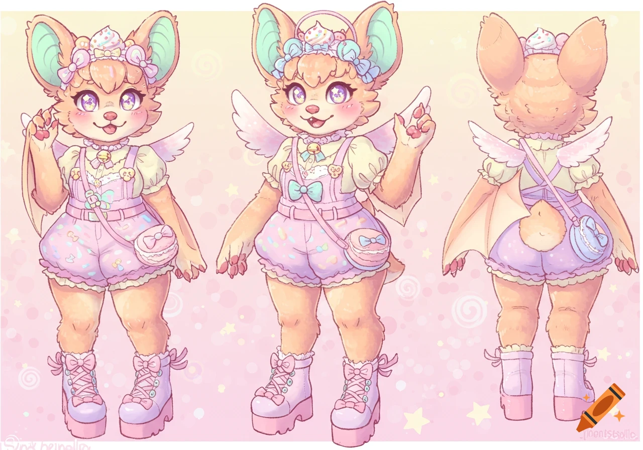 A full-body reference sheet of a cute, chubby, anthropomorphic fruit ...