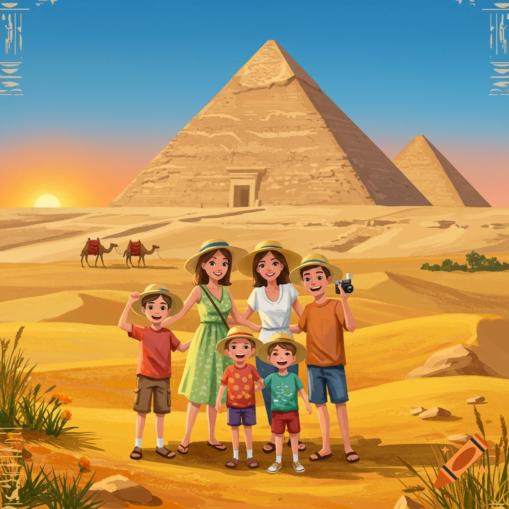 Illustrated family of six smiles in an Egyptian desert with pyramids ...