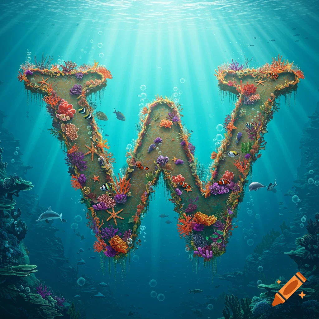 Large, coral-covered letter W stands submerged in a vibrant underwater ...